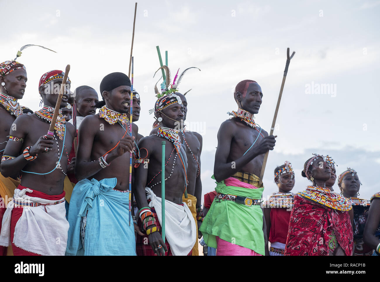 Portrait of Samburu tribe members dancing the traditional wedding dance ...