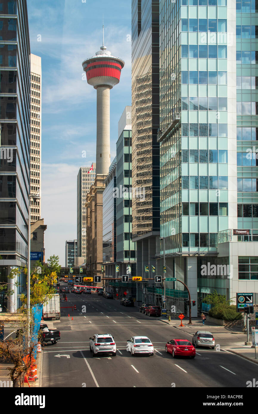 View of the Calgary Tower and nearby office buildings, Downtown Calgary ...