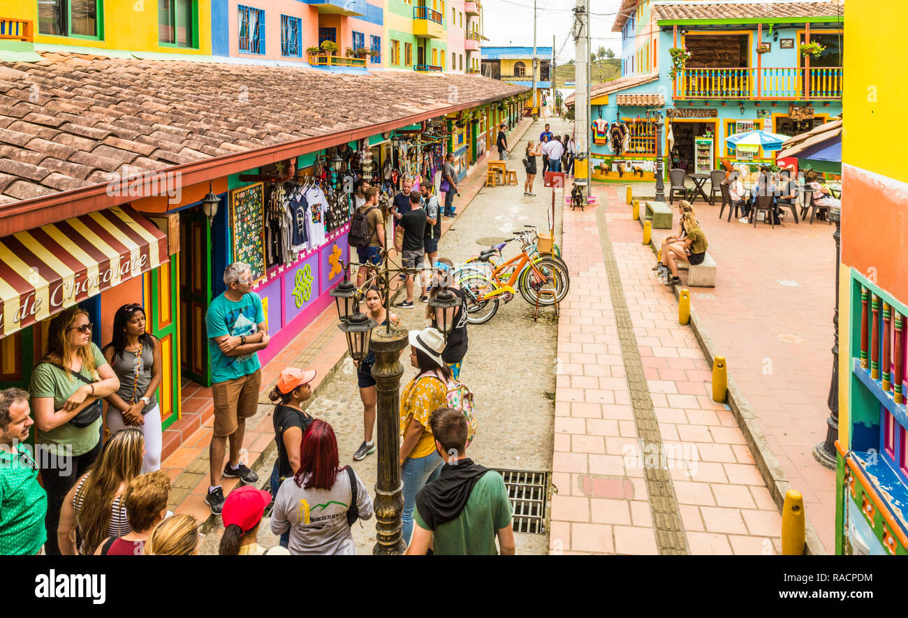 A colourful street scene in Guatape, Colombia, South America Stock ...
