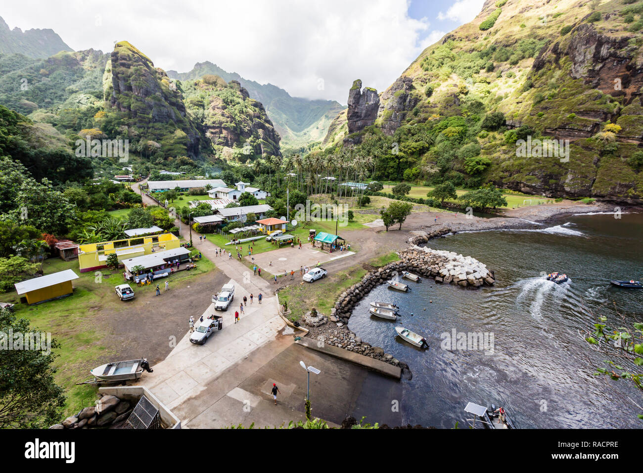 Overlooking the harbor in the town of Hanavave, Fatu Hiva, Marquesas ...