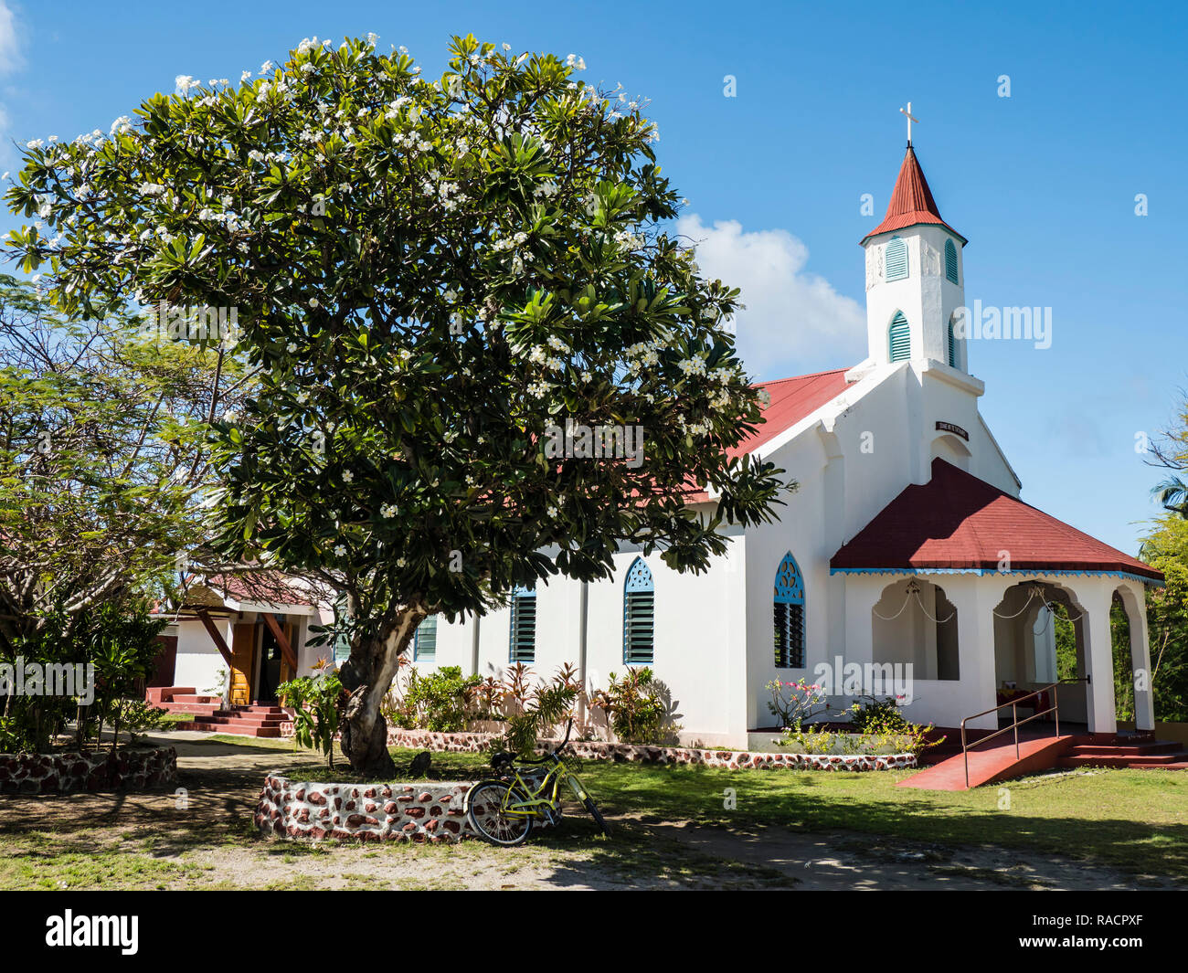 Church built from coral in the small town of Rotoava on Fakarava Atoll ...