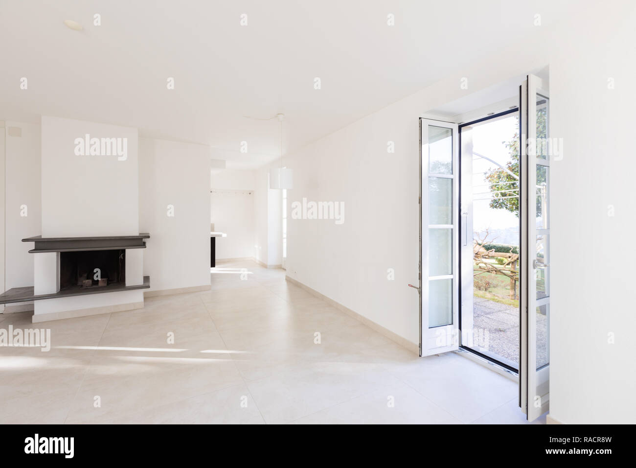 Modern empty wide room, white walls Stock Photo - Alamy