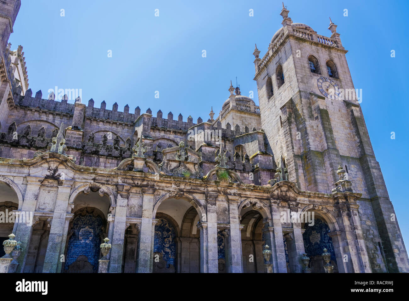 View of the Baroque loggia facade with azulejo blue tiles, Se do Porto ...