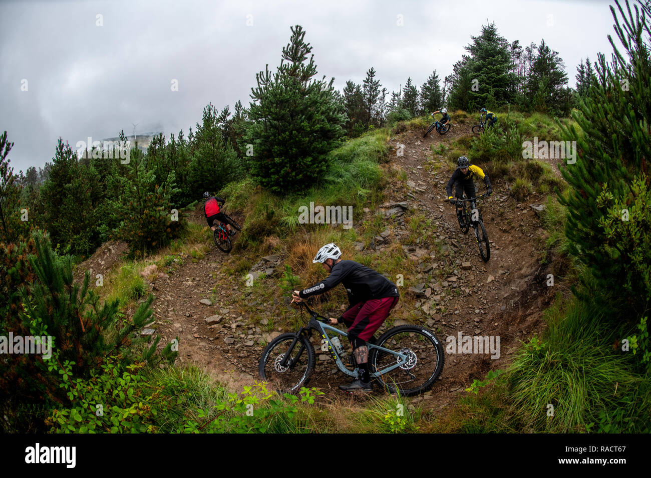 A group of mountain bikers ride a trail at Glyncorrwg in the Afan ...