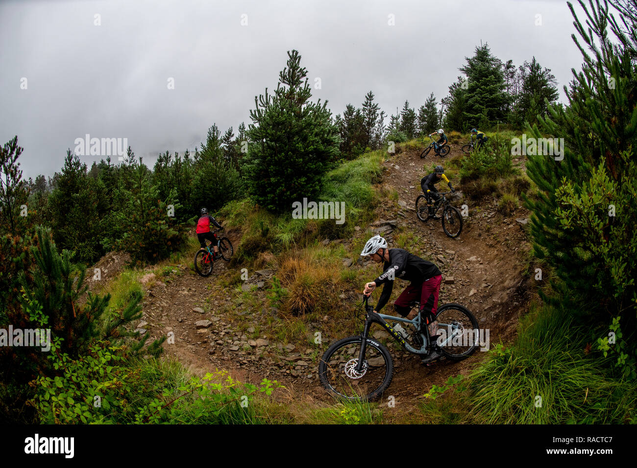 A group of mountain bikers ride a trail at Glyncorrwg in the Afan ...