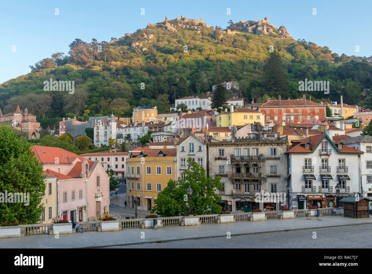 Old town of Sintra with view to the Moorish Castle atop the surrounding ...