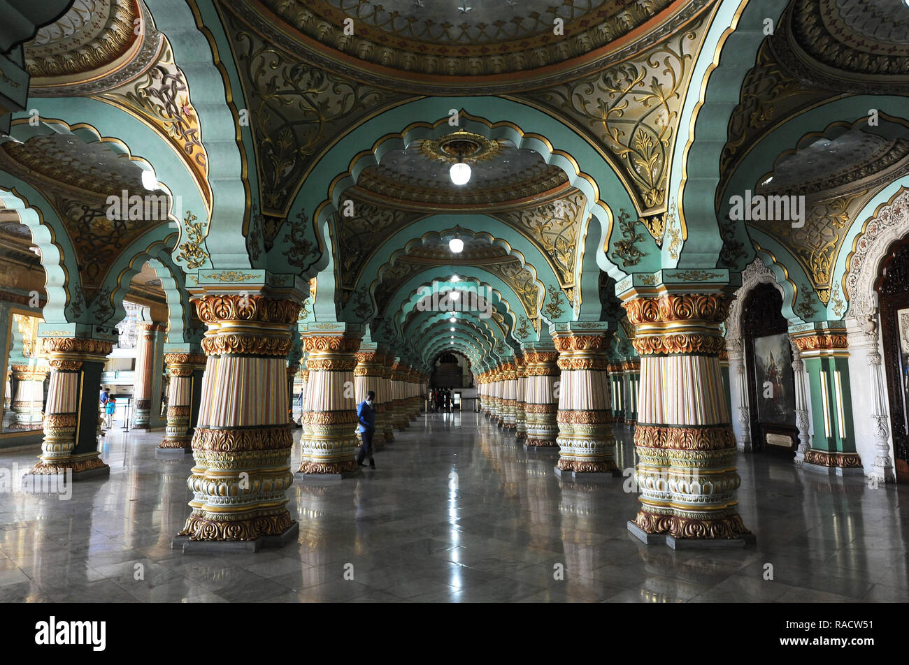 Durbar Hall With Sculpted Pillars Inside Mysore Palace Constructed Between 1897 And 1912