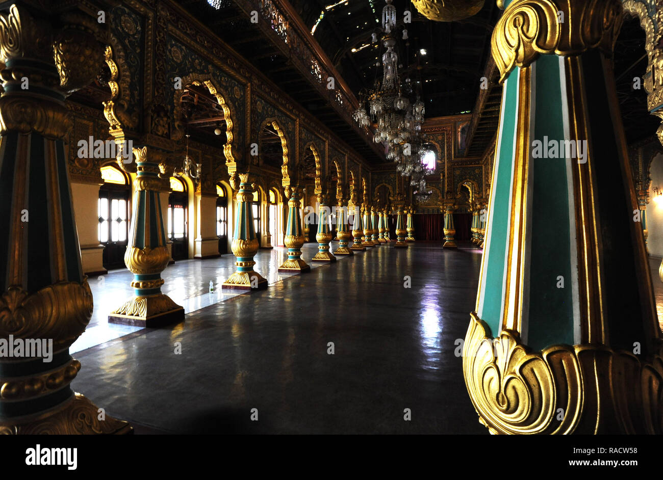 Pillared Durbar hall inside Mysore Palace, seat of the Mysore kingdom ...