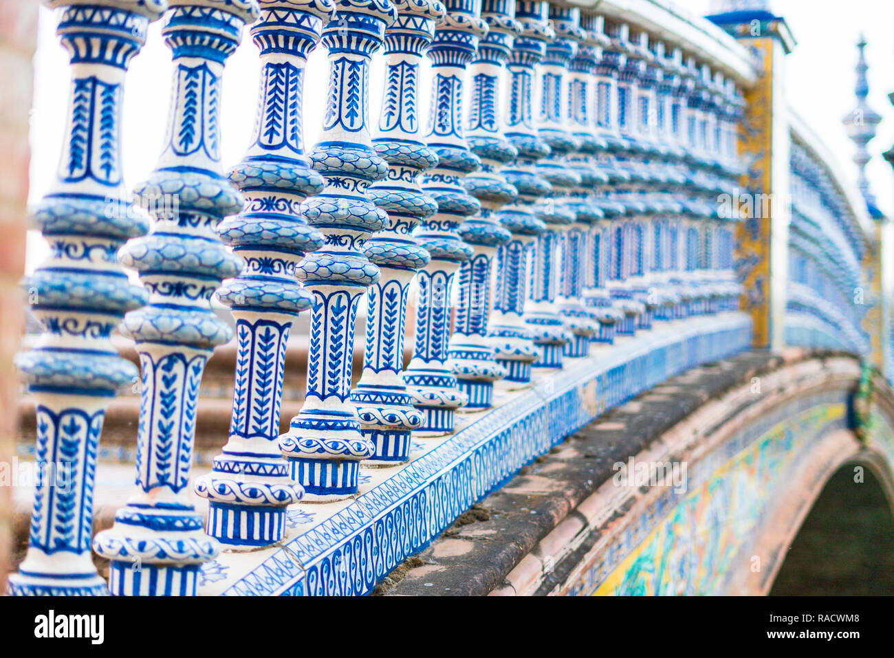 Close-up of details of ceramic tiled pillars of balustrade, Plaza de ...