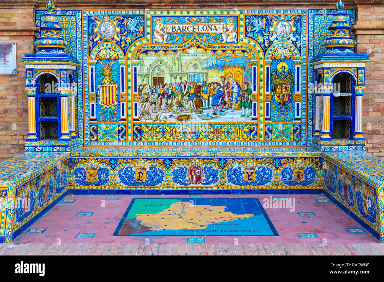 Alcove and benches adorned with Azulejos ceramic tiles depicts Spain ...