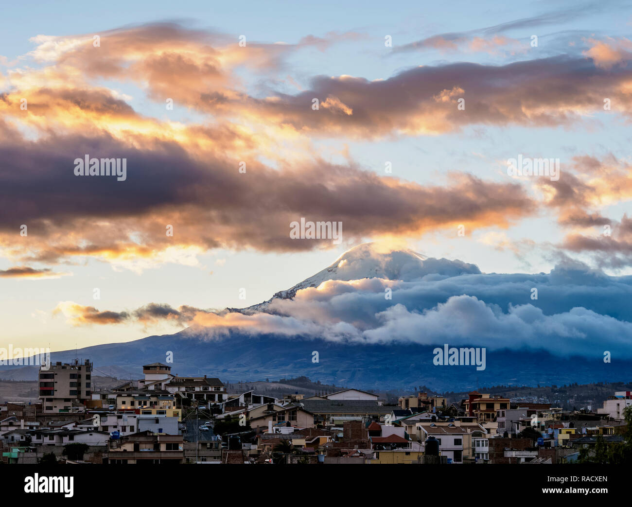View over Riobamba towards Chimborazo Volcano at sunset, Chimborazo ...