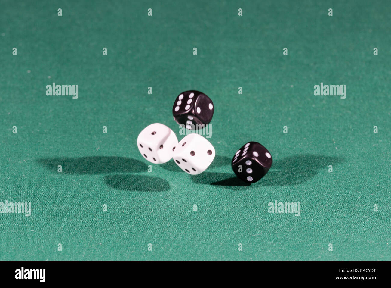 Four white and black dices falling on a green table Stock Photo - Alamy
