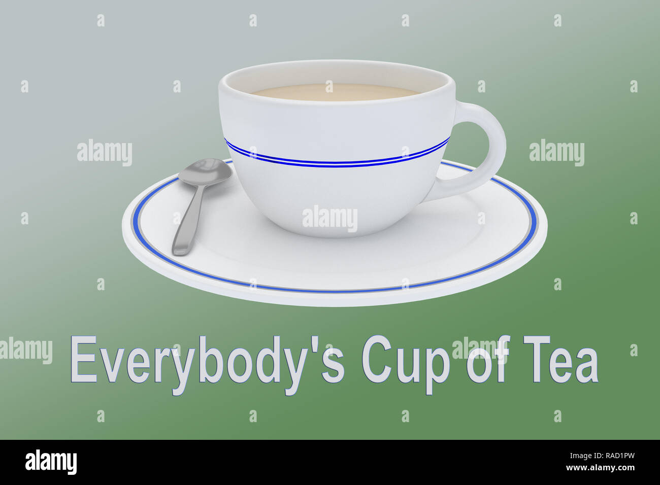 3D illustration of Everybody's Cup of Tea script bellow a plate with ...