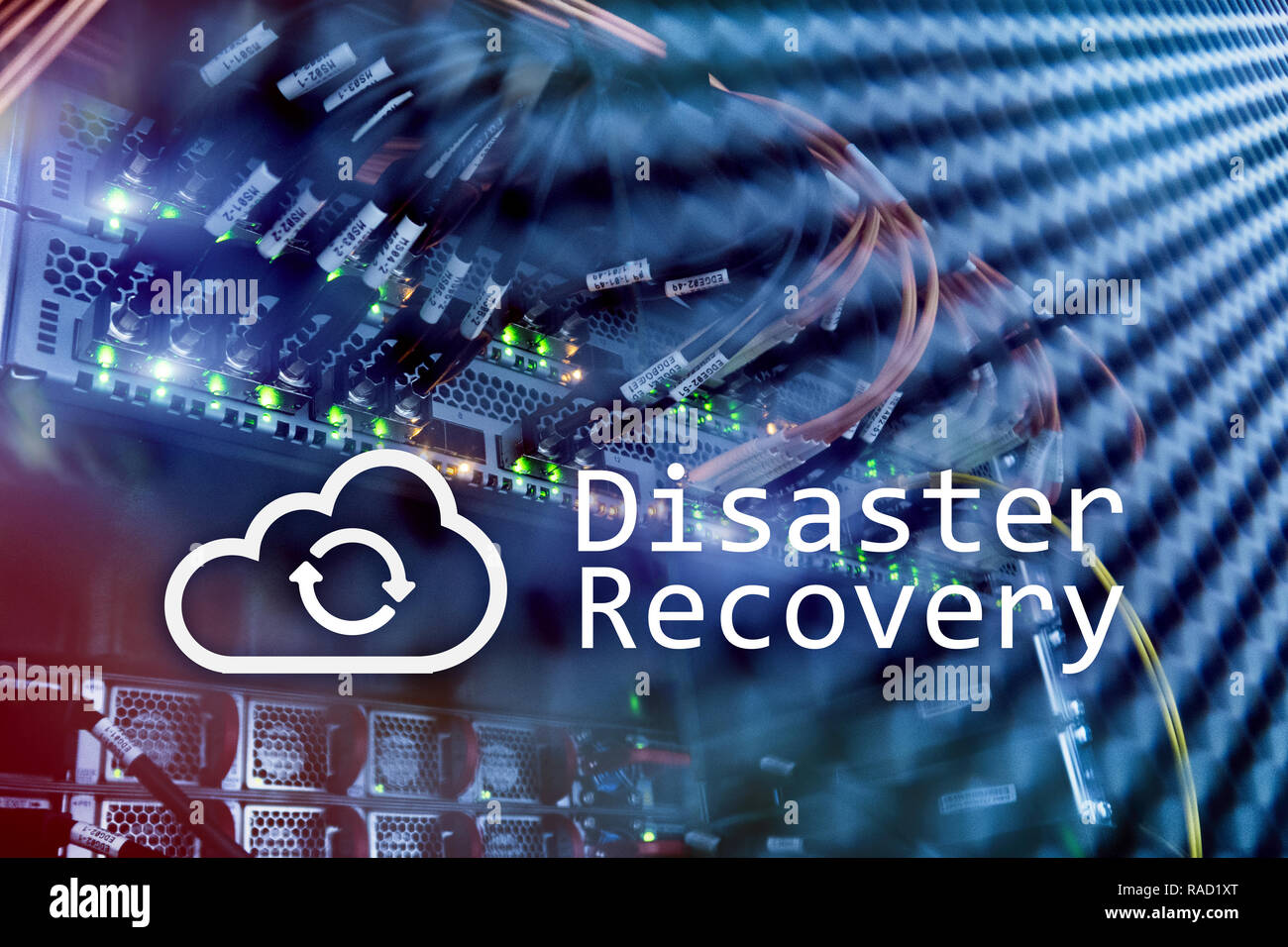 DIsaster recovery. Data loss prevention. Server room on background ...