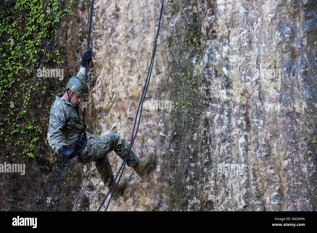 A U.S. Marine rappels down a rock wall which is one of the 31 obstacles ...