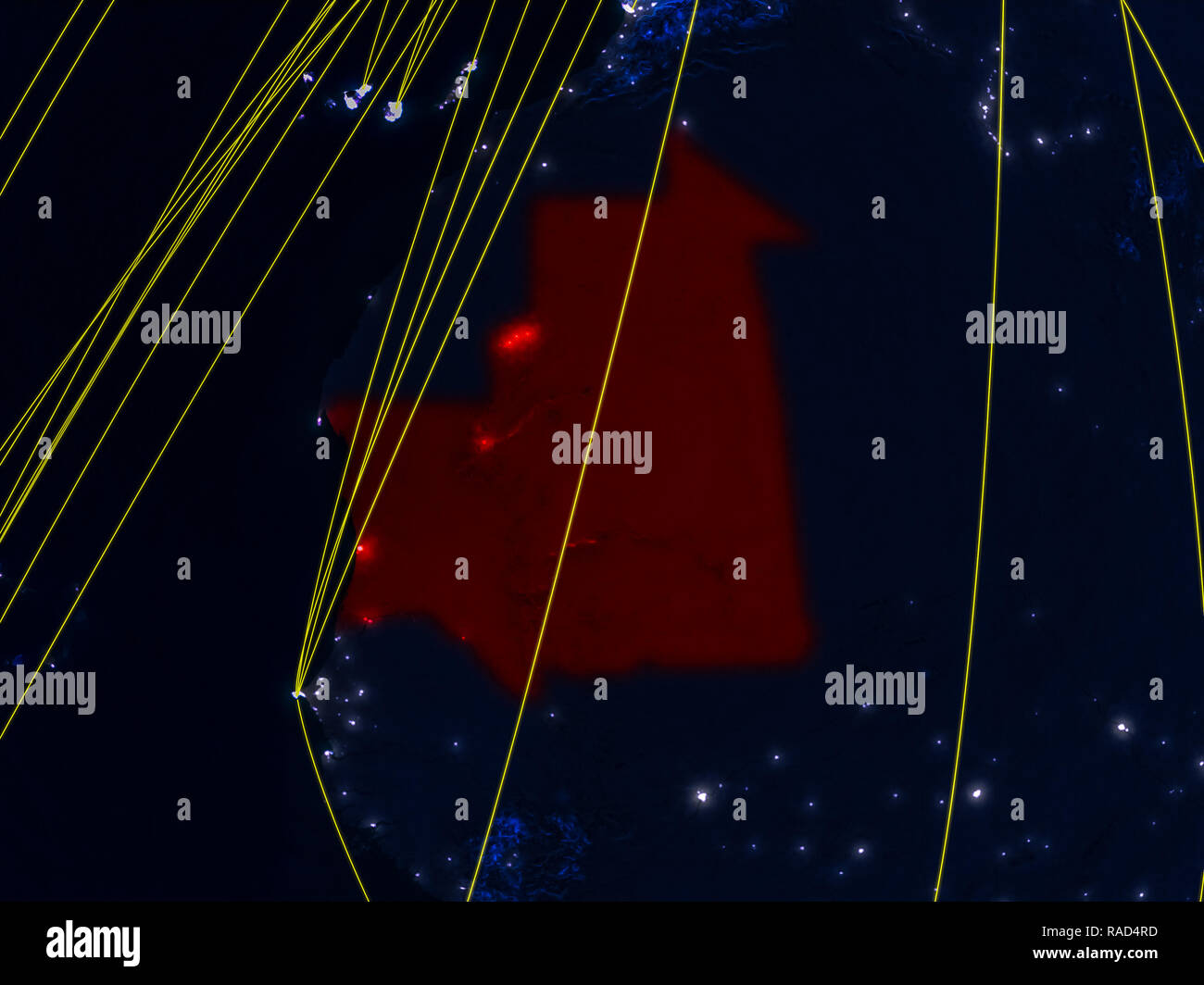Mauritania from space on model of planet Earth at night with networks ...