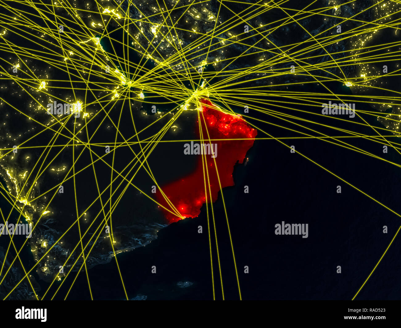 Oman from space on model of planet Earth at night with networks ...