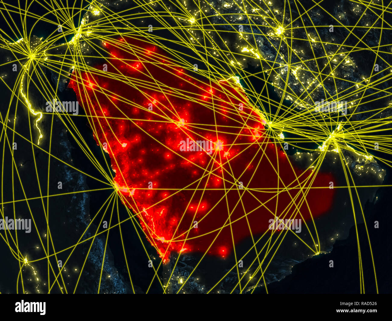 Saudi Arabia from space on model of planet Earth at night with networks ...