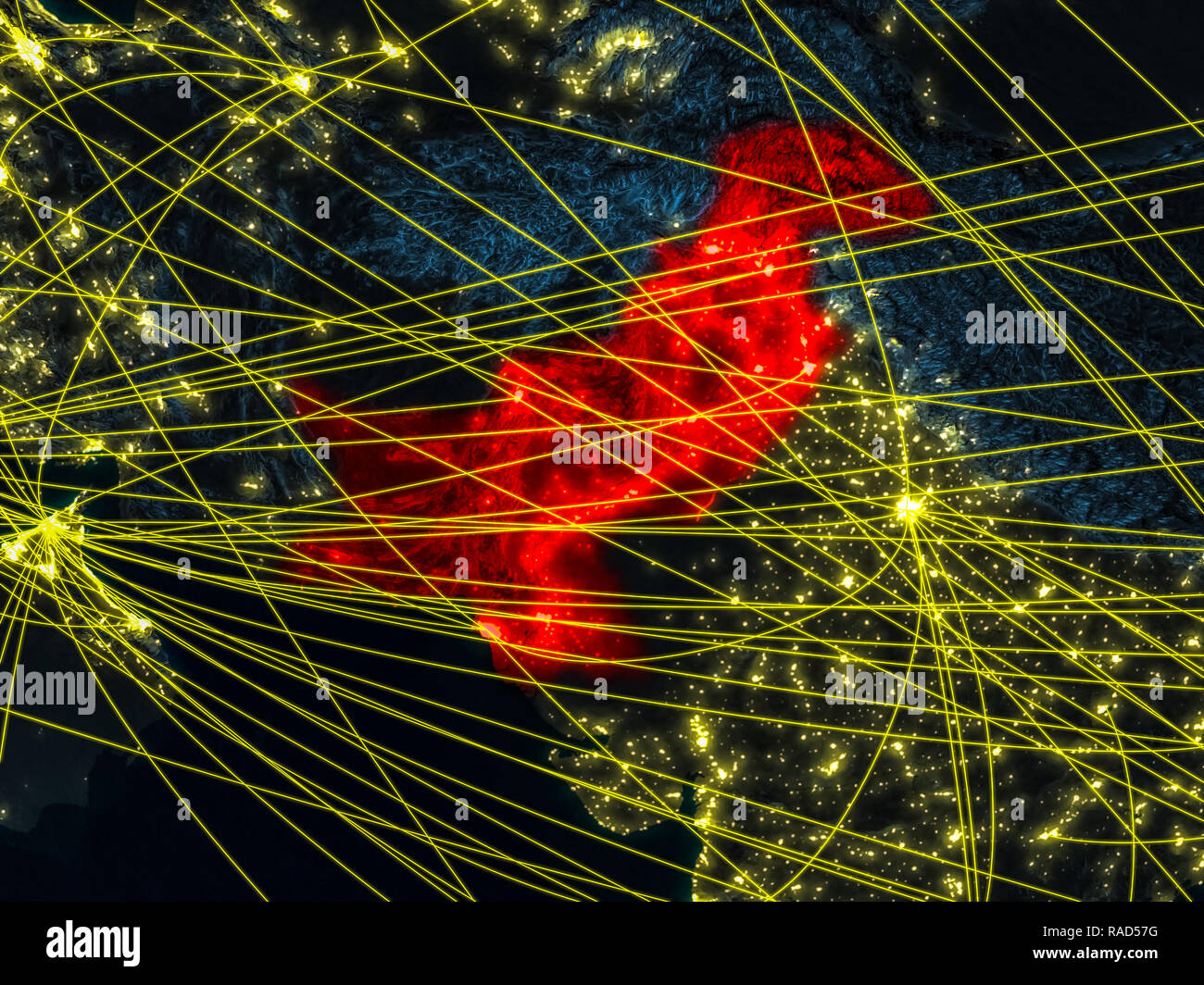 Pakistan from space on model of planet Earth at night with networks ...