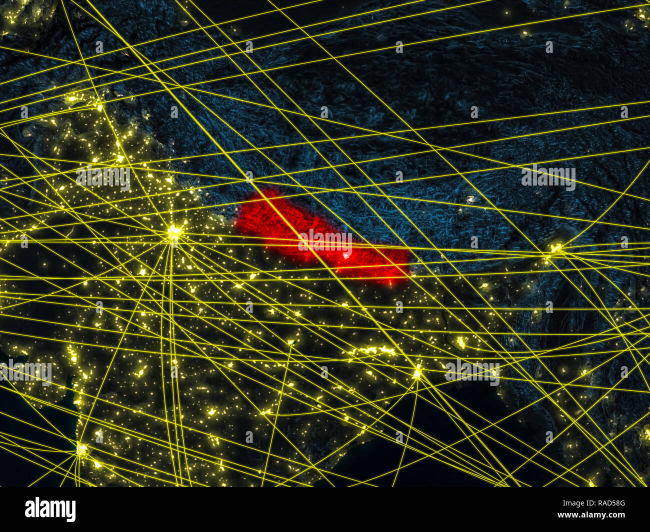 Nepal from space on model of planet Earth at night with networks ...