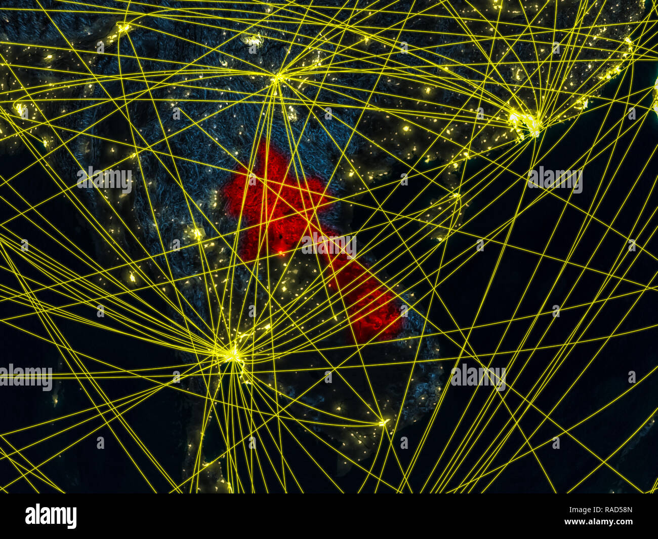 Laos from space on model of planet Earth at night with networks ...