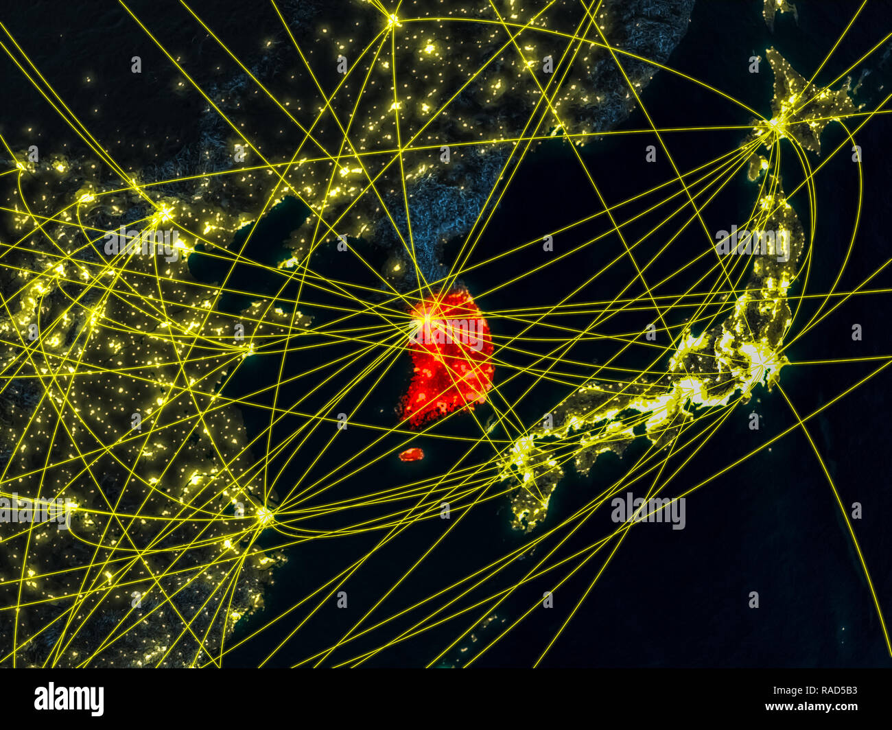 South Korea from space on model of planet Earth at night with networks ...