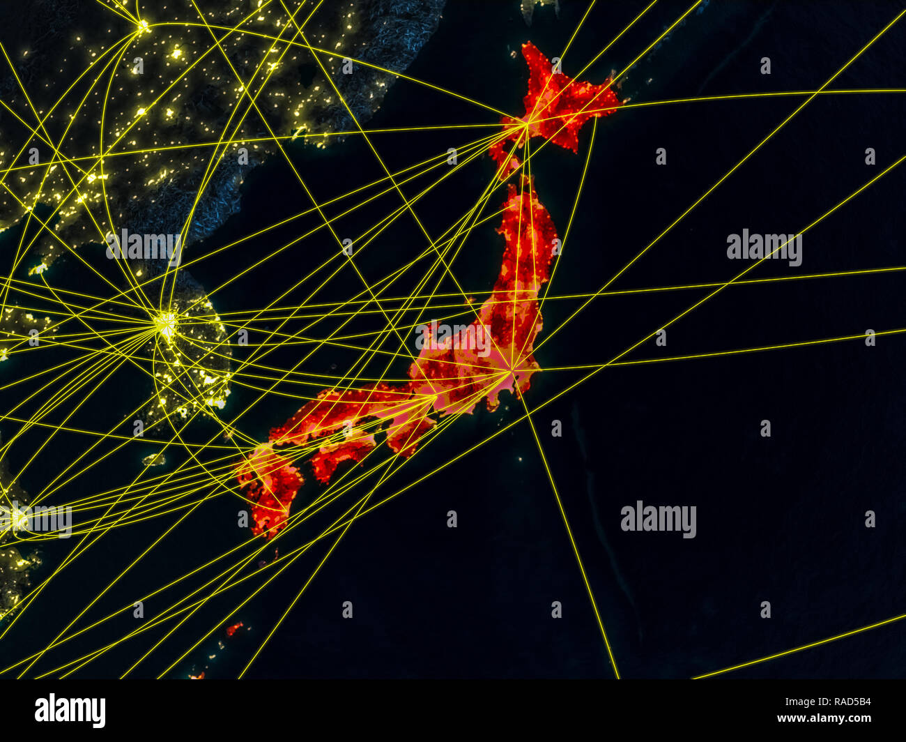 Japan from space on model of planet Earth at night with networks ...