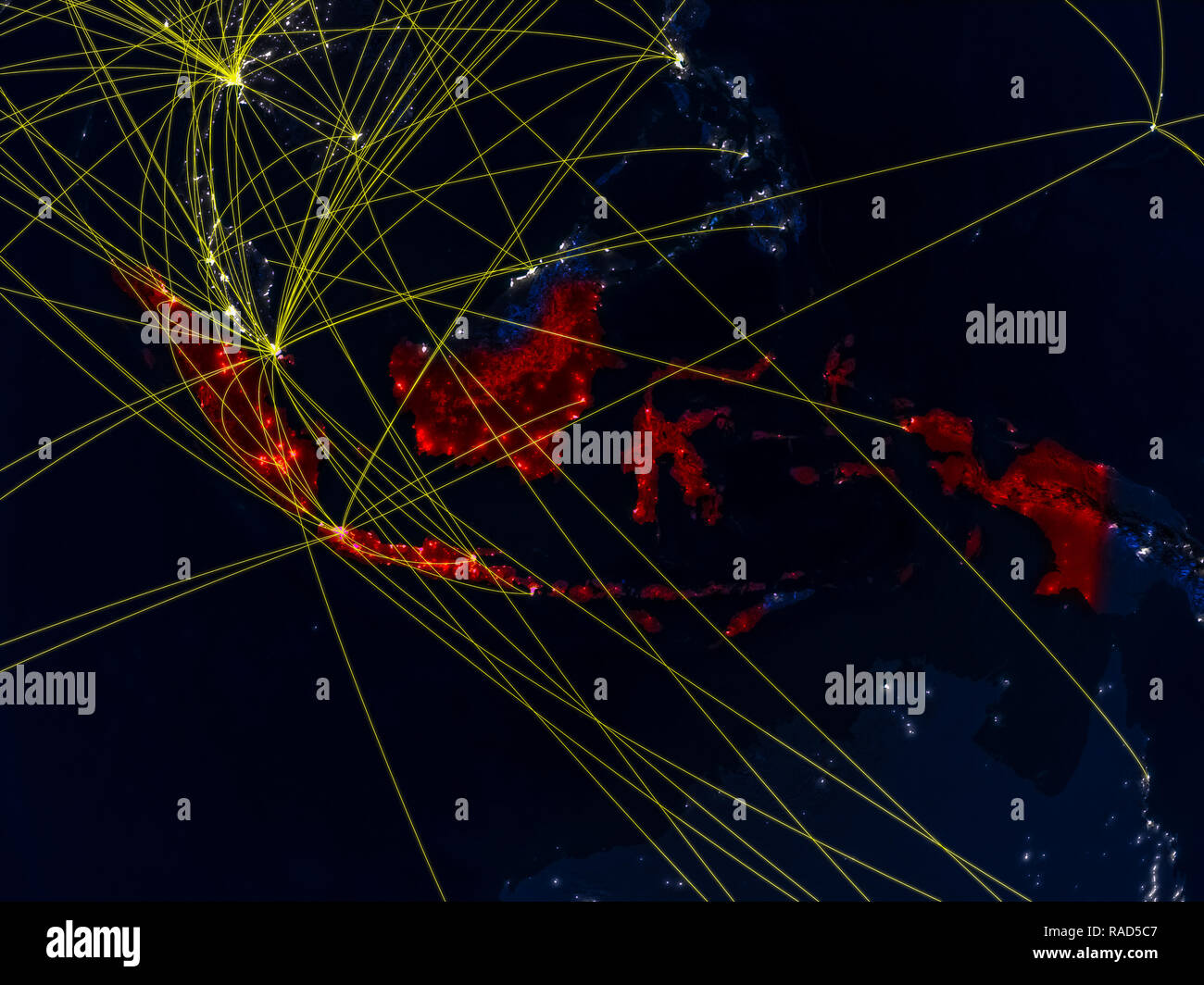 Indonesia from space on model of planet Earth at night with networks ...
