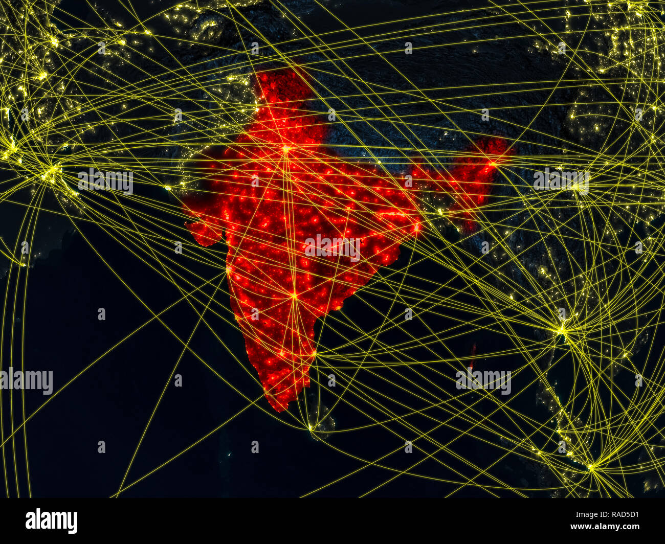India from space on model of planet Earth at night with networks ...