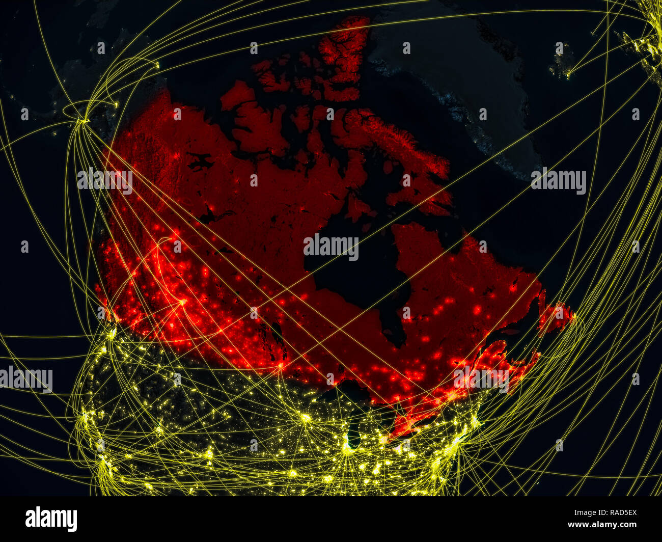 Canada from space on model of planet Earth at night with networks ...