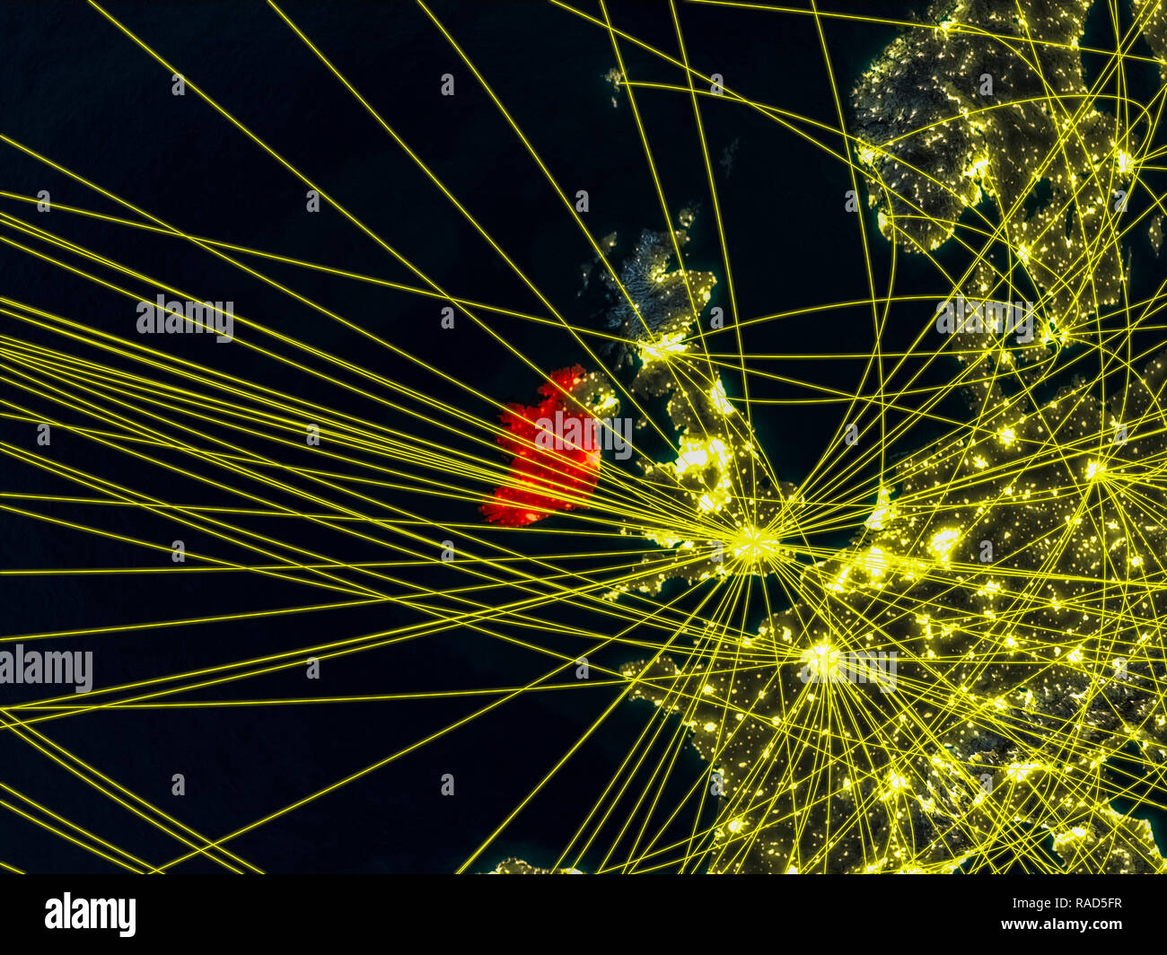 Ireland from space on model of planet Earth at night with networks ...