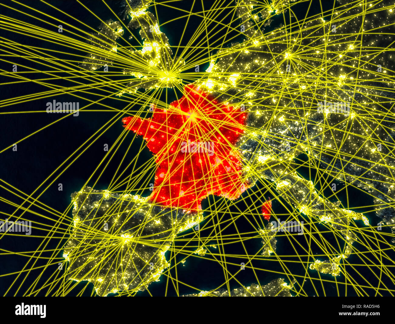 France from space on model of planet Earth at night with networks ...