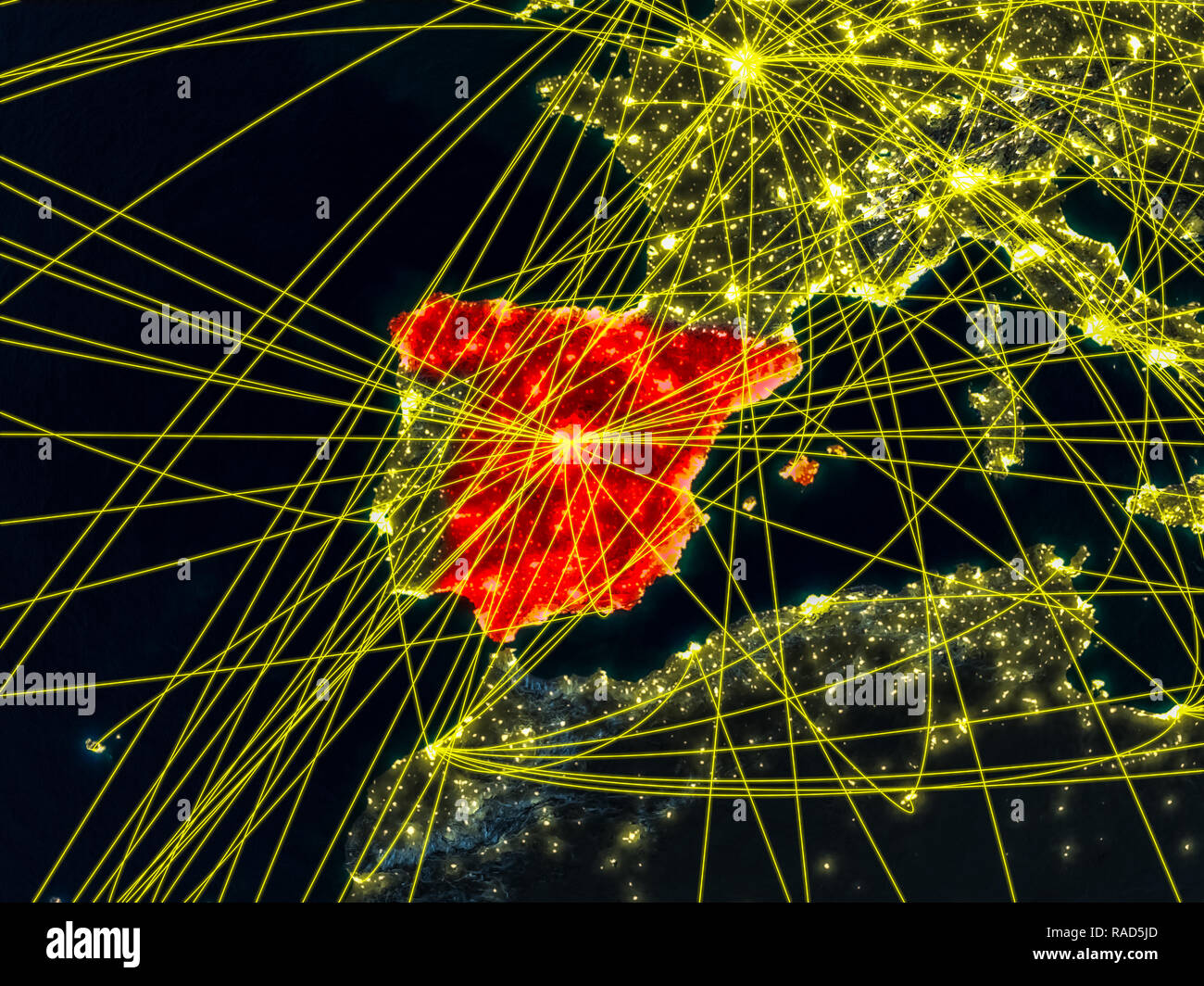 Spain from space on model of planet Earth at night with networks ...