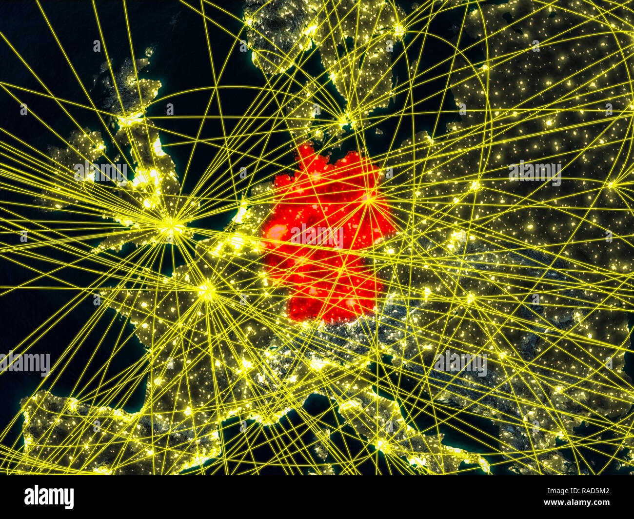 Germany from space on model of planet Earth at night with networks ...