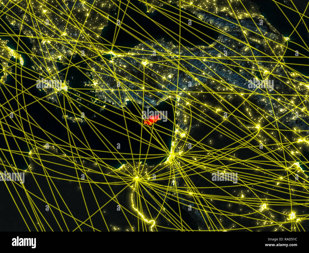 Cyprus from space on model of planet Earth at night with networks ...