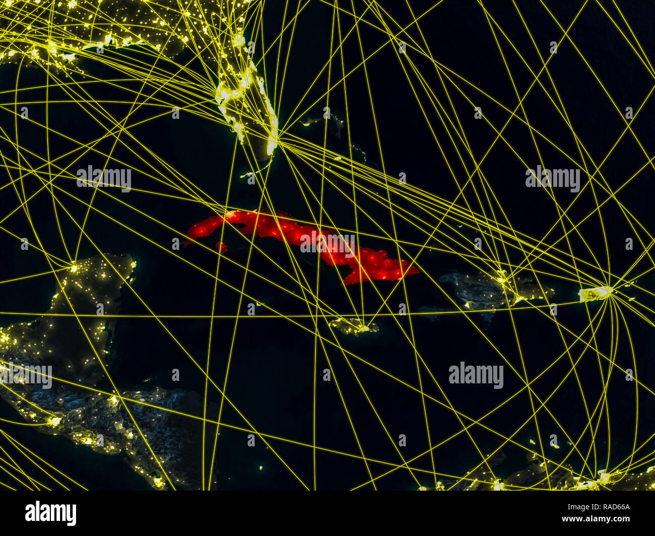 Cuba from space on model of planet Earth at night with networks ...