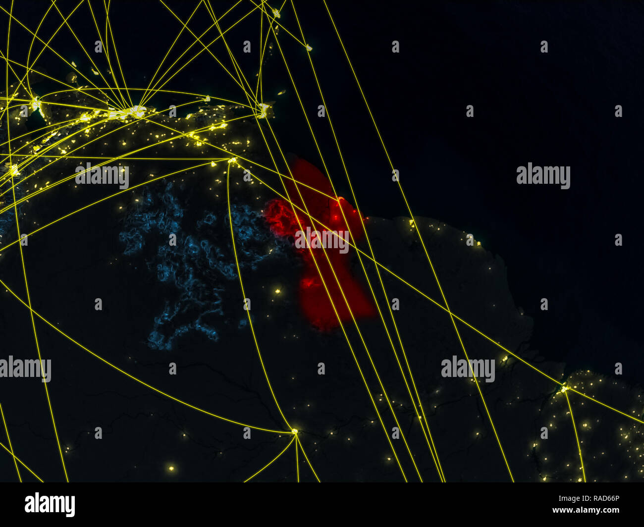Guyana from space on model of planet Earth at night with networks ...