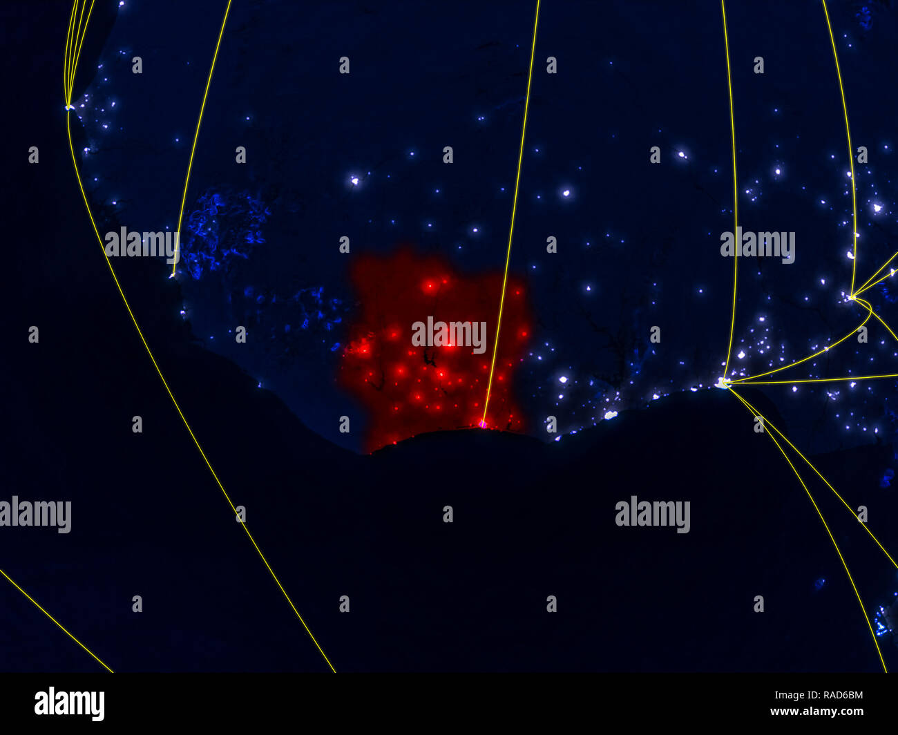 Ivory Coast from space on model of planet Earth at night with networks ...