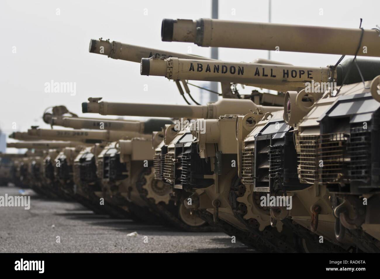 U.S. Army M1A2 Abrams tanks are linned up to be retrograded back to the ...