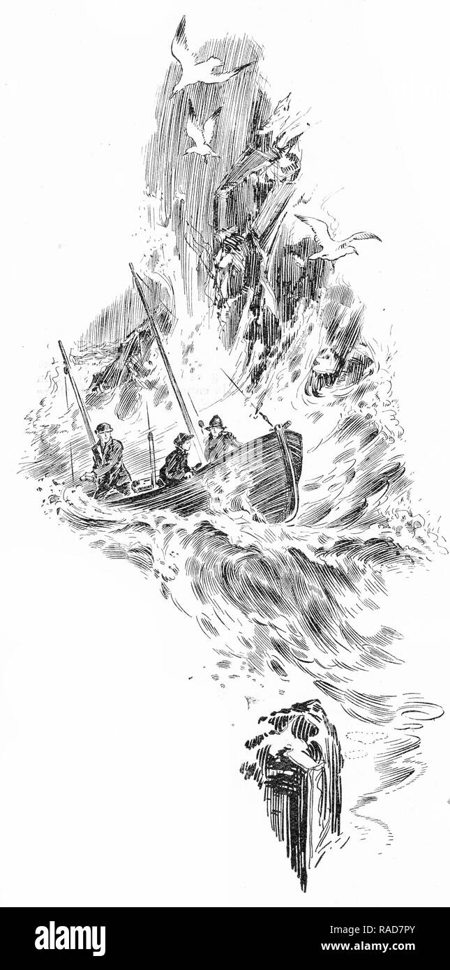 Engraving of a small sailboat navigating close to rocks as it comes to ...