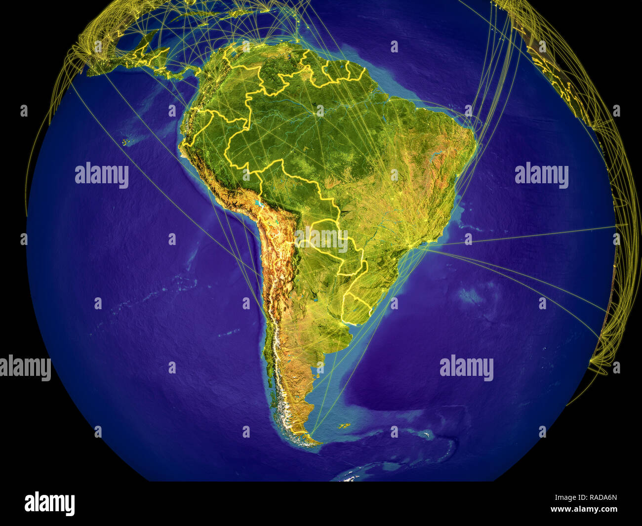 South America from space on Earth with country borders and lines ...