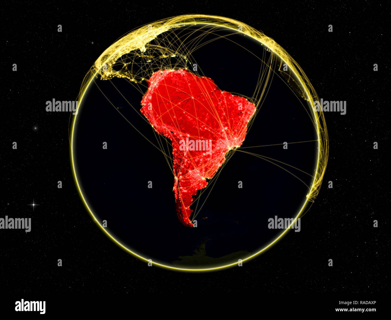 South America on dark Earth with networks. May be representing air ...