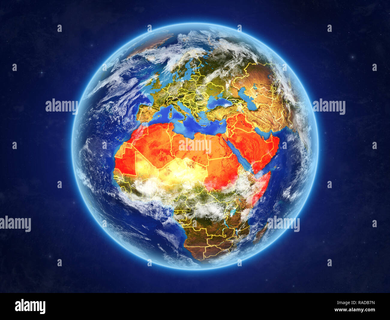 Arab League from space. Planet Earth with country borders and extremely ...
