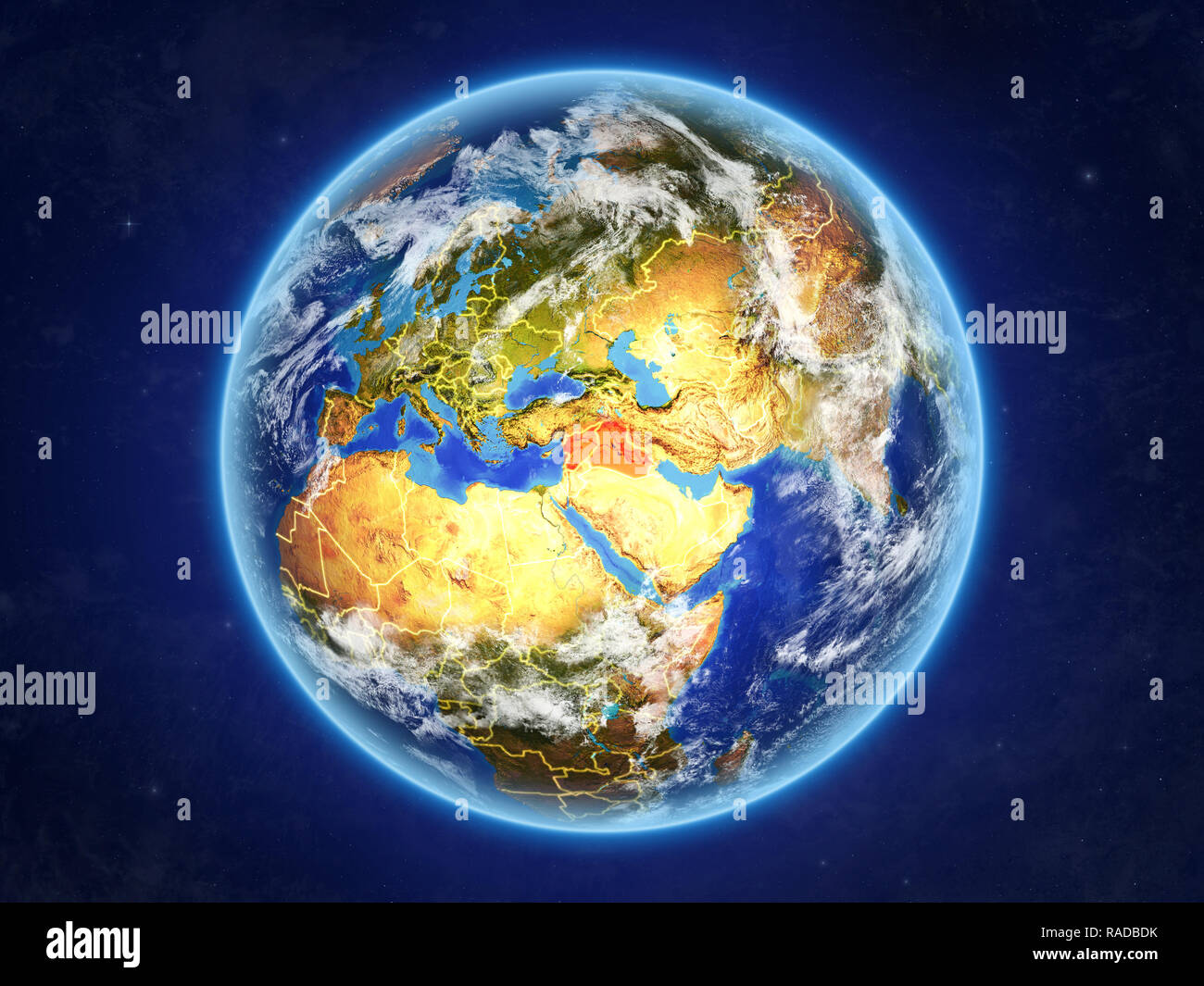 Islamic State from space. Planet Earth with country borders and ...