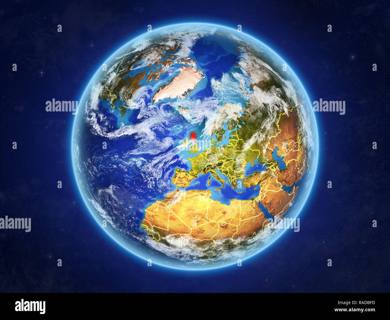 Scotland from space. Planet Earth with country borders and extremely ...