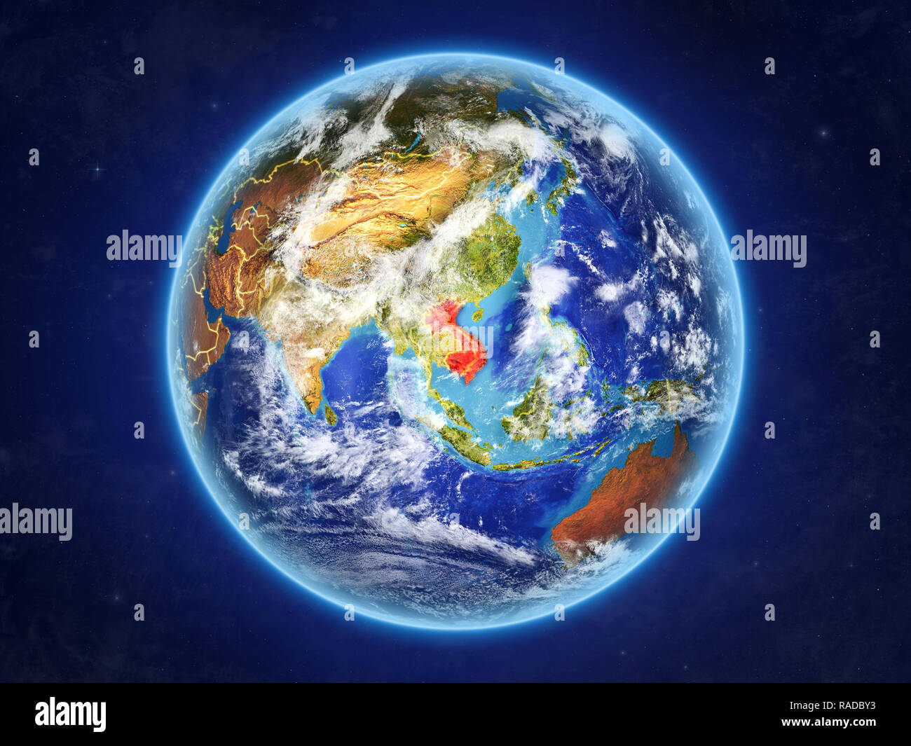 Indochina from space. Planet Earth with country borders and extremely ...