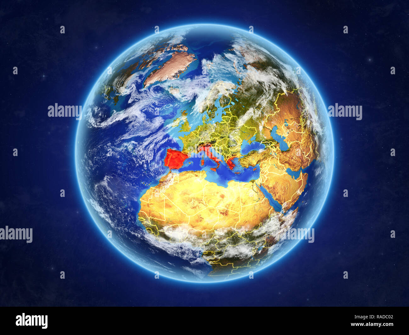 Southern Europe from space. Planet Earth with country borders and ...