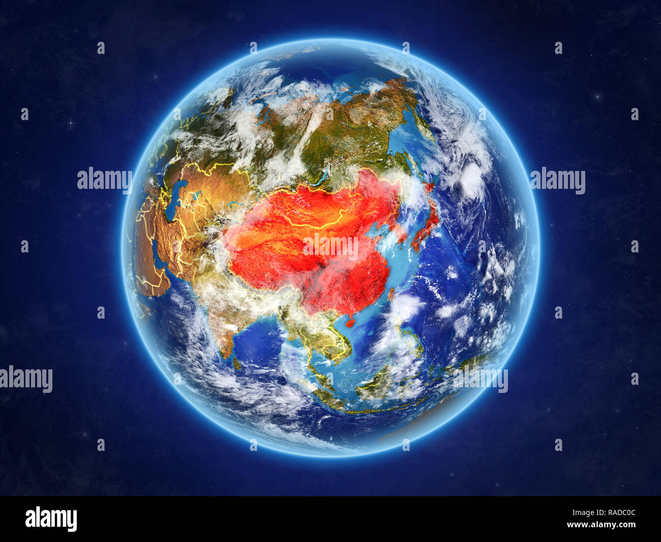 East Asia from space. Planet Earth with country borders and extremely ...