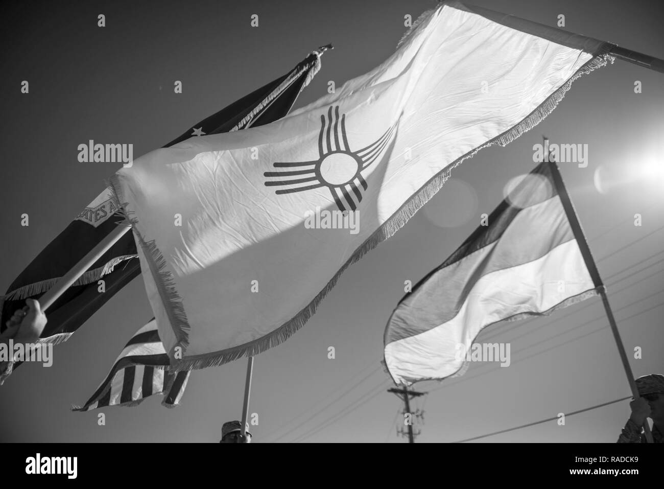 Flags are thrust into the air by Steel Talons Honor Guard members ...