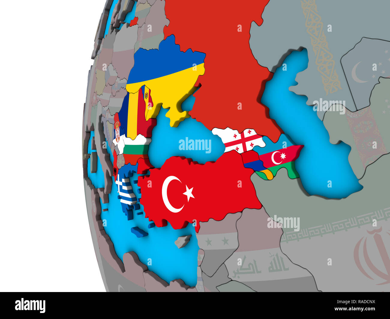 BSEC countries with national flags on blue political 3D globe. 3D ...